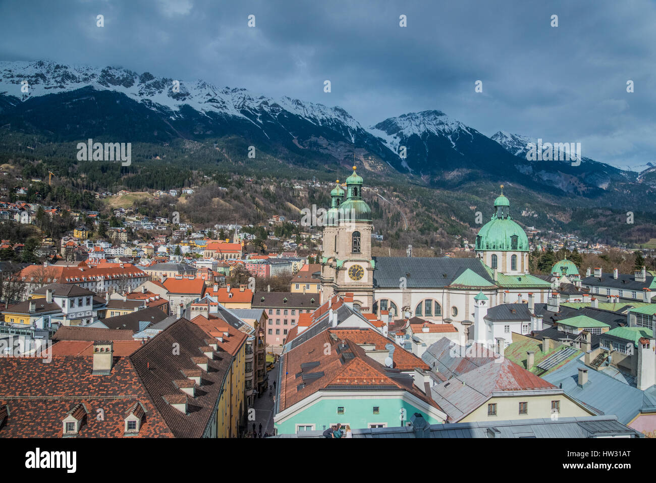 City landscape and aerial view over the roof tops of Innsbruck ...