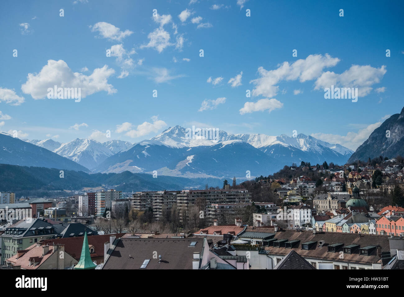 City landscape and aerial view over the roof tops of Innsbruck ...