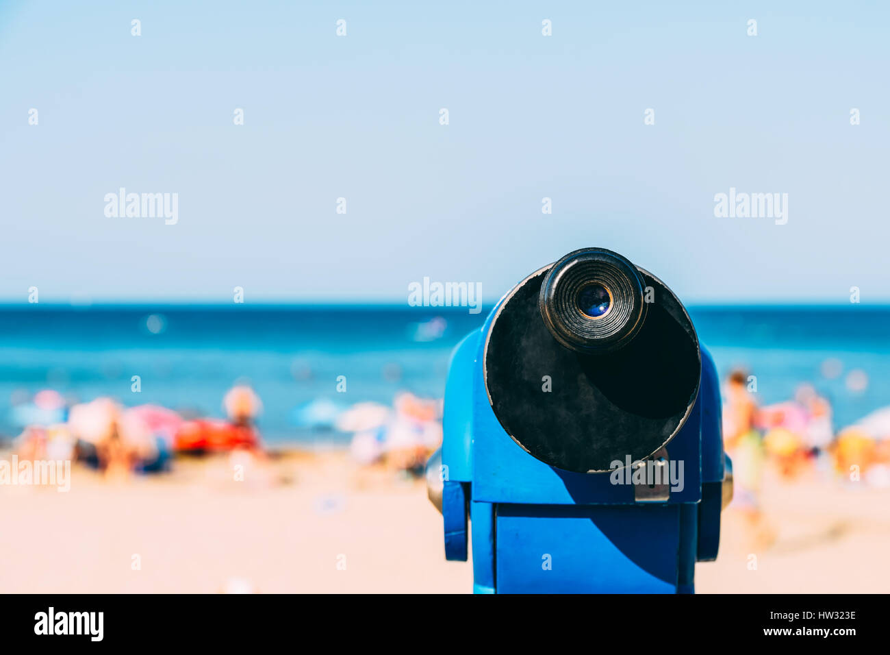 Blue Coin Operated Telescope With Beach And Ocean Background Stock ...