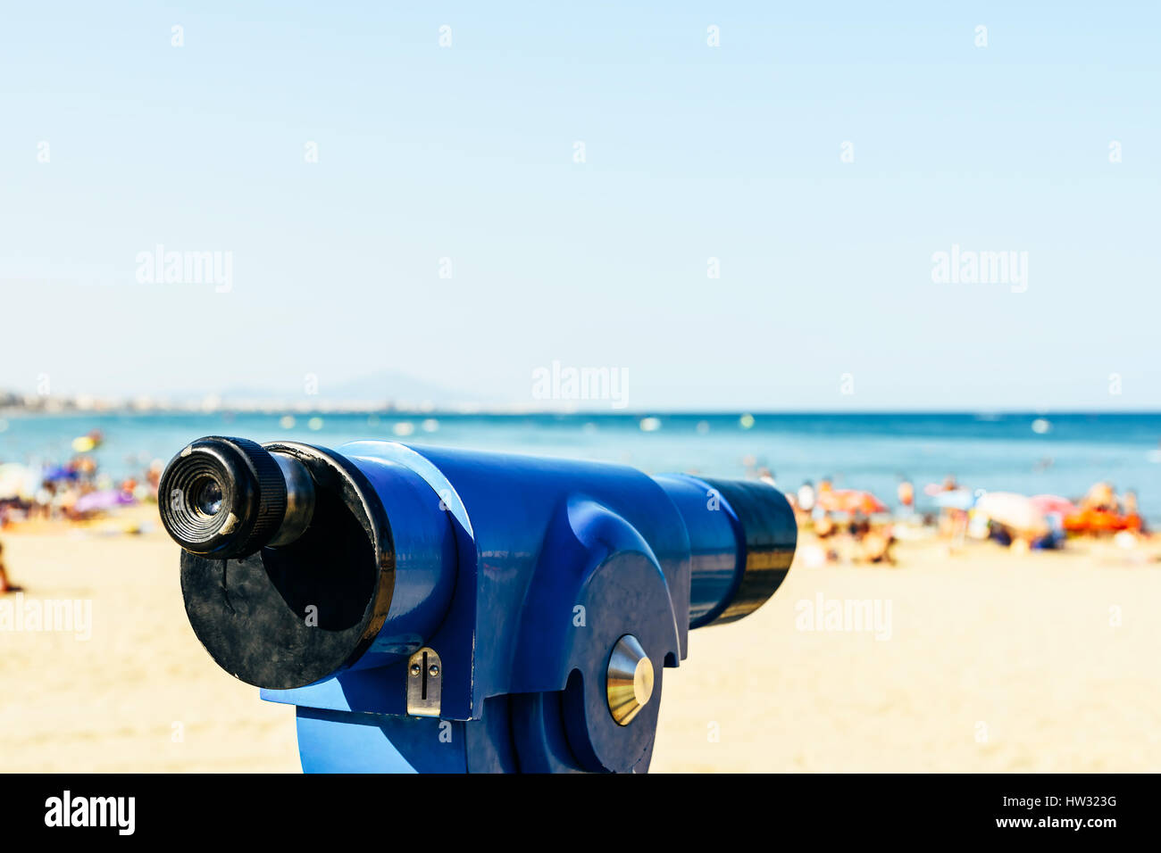 Blue Coin Operated Telescope With Beach And Ocean Background Stock ...