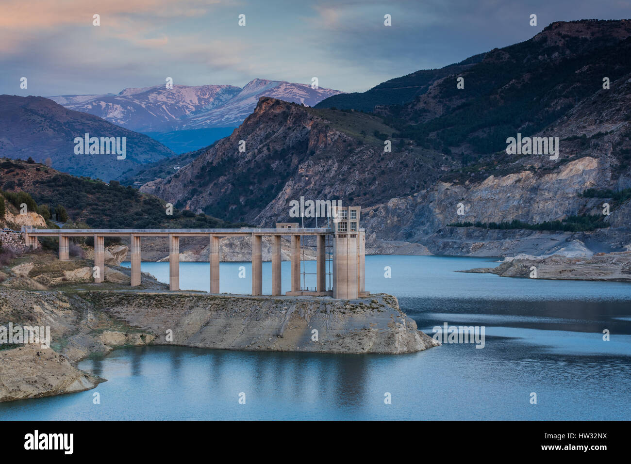 Embalse de Canales in Granada, Spain with reservoir and Sierra Nevada ...