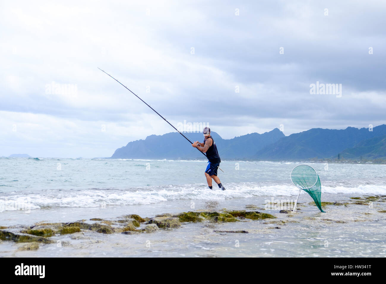 LAIE, HAWAII - FEBRUARY 24, 2017: Fisherman Jameson Humalon competes in ...