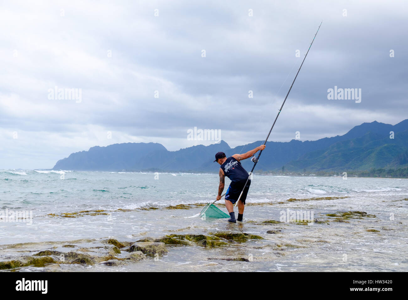 LAIE, HAWAII - FEBRUARY 24, 2017: Fisherman Jameson Humalon competes in ...