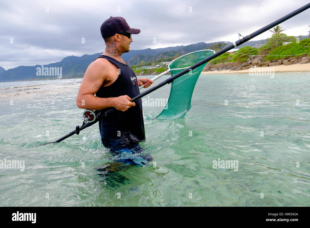 LAIE, HAWAII - FEBRUARY 24, 2017: Fisherman Jameson Humalon competes in ...