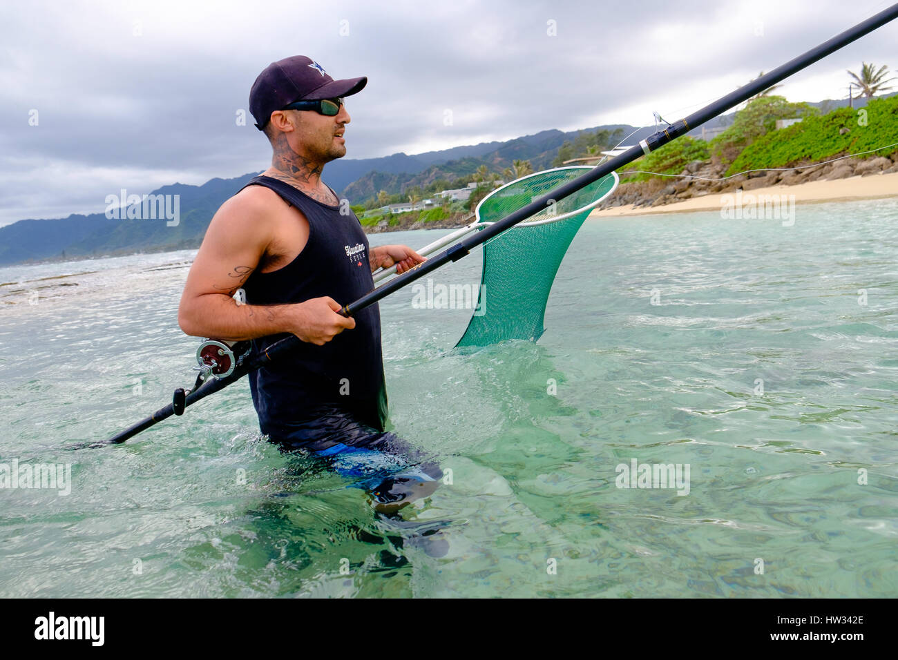 LAIE, HAWAII - FEBRUARY 24, 2017: Fisherman Jameson Humalon competes in ...