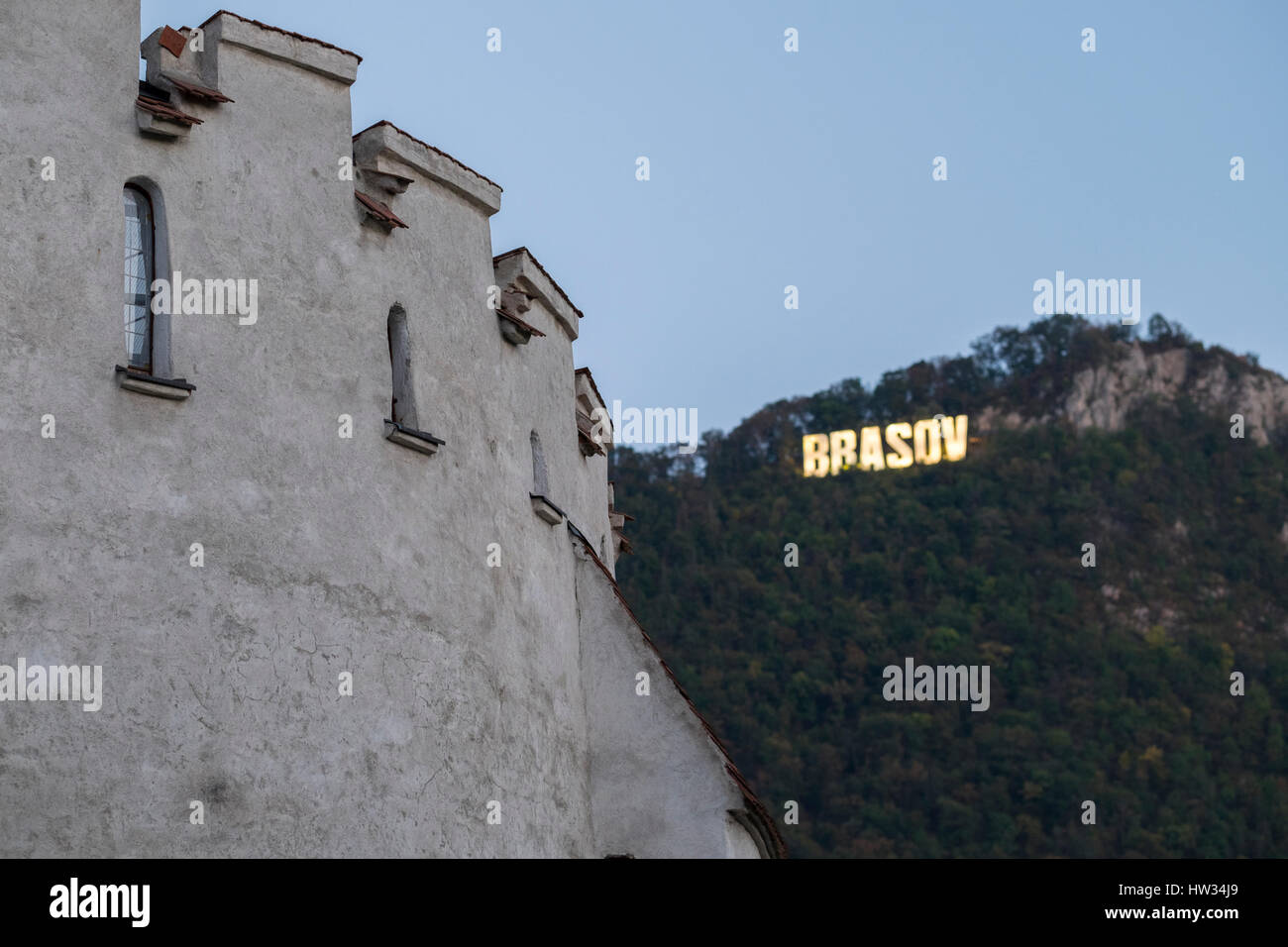 The White Tower and the Brasov "Hollywood Sign Stock Photo - Alamy