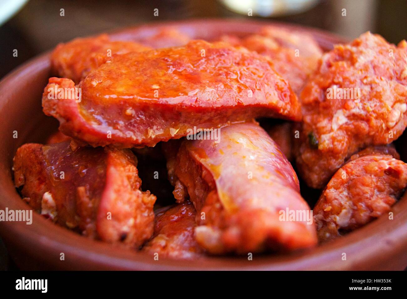 Chorizo in a tapas dish Stock Photo - Alamy