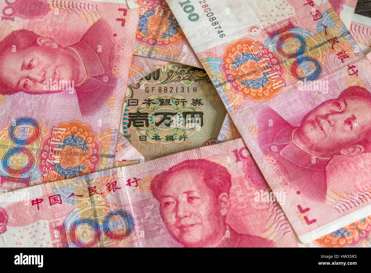 Banknotes of RMB and Yen, arranged for photography Stock Photo - Alamy