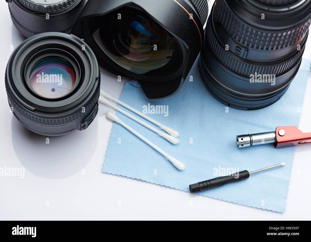 Optic cleaning service desk. Optic and cleaning tools view above on ...