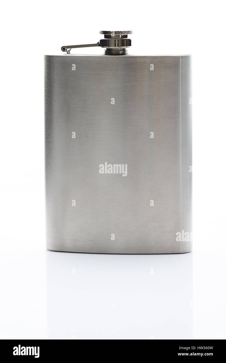 Front view of metal flask closeup. Steel hipflask for alcohol Stock ...