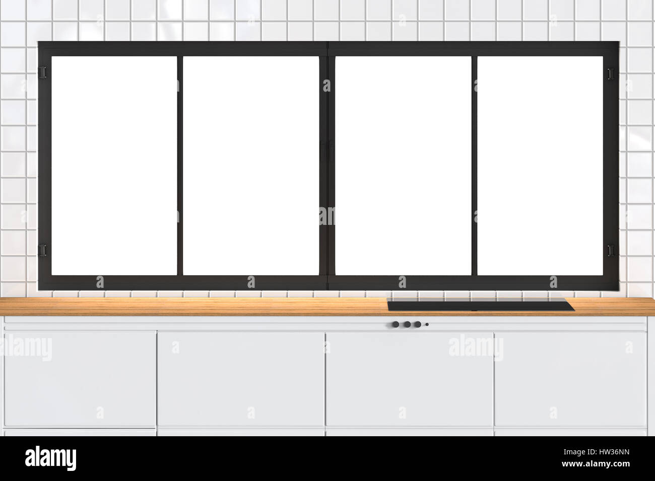 3d rendering empty countertop with window frames in kitchen Stock Photo ...