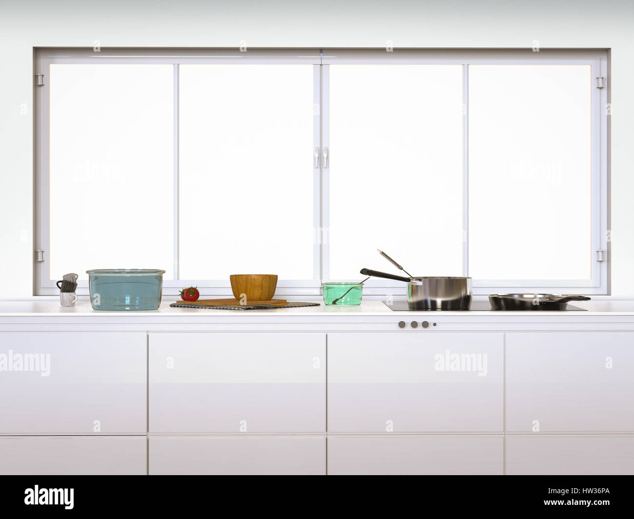 3d rendering kitchen cabinets with kitchen utensils Stock Photo - Alamy
