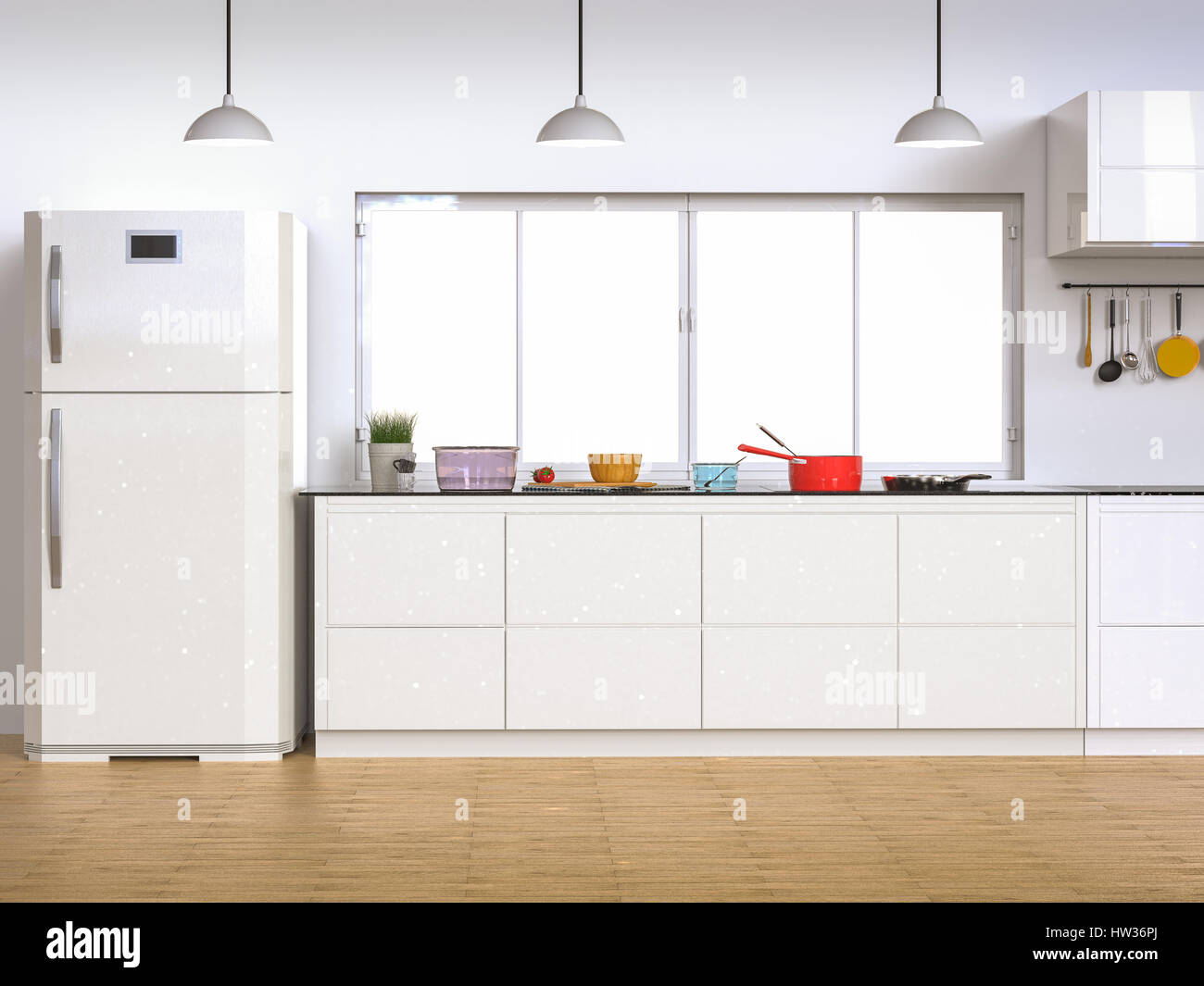 3d rendering kitchen interior with cabinets and refrigerator Stock ...