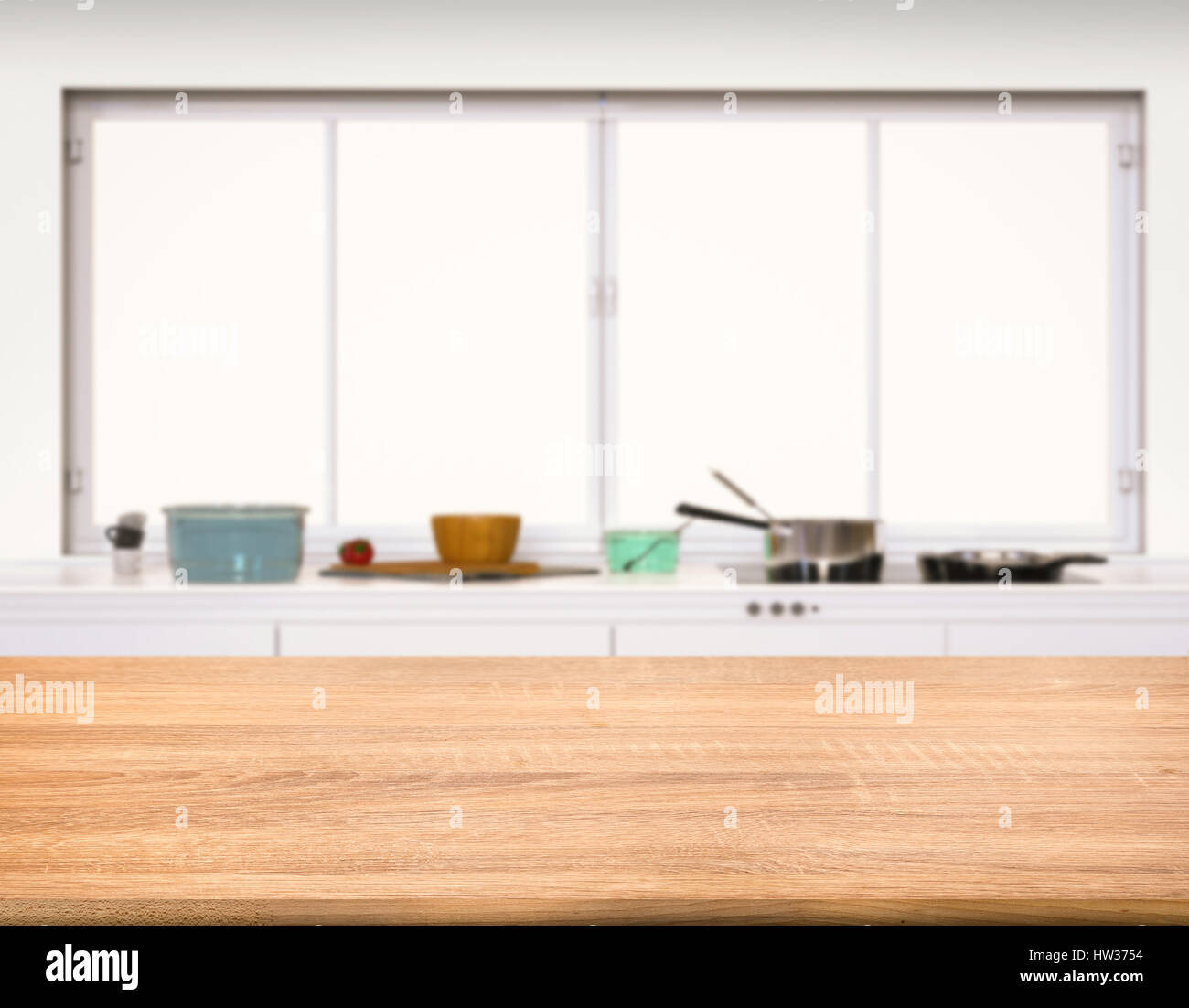 empty wooden counter top with kitchen background Stock Photo - Alamy