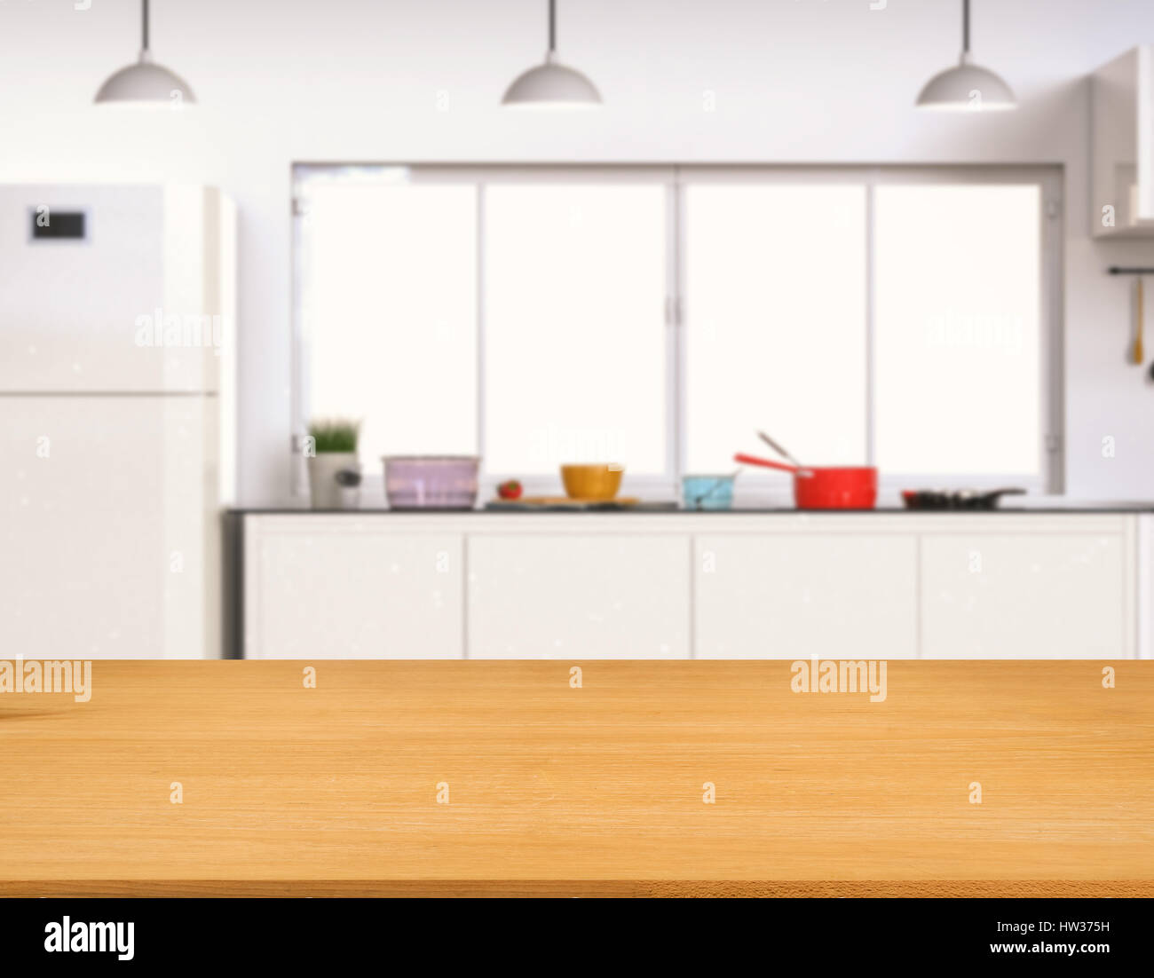 empty wooden counter top with kitchen background Stock Photo - Alamy