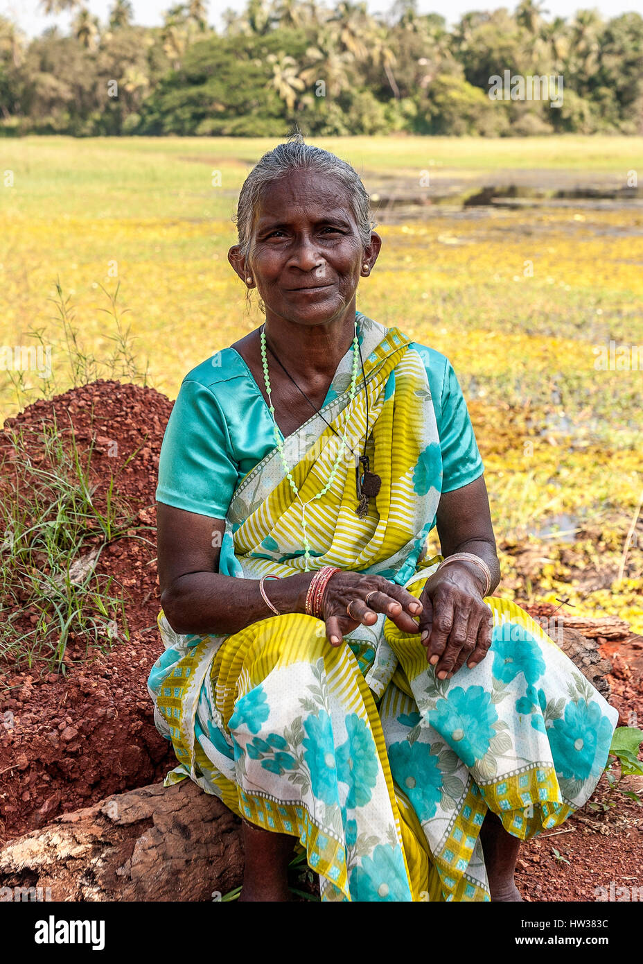 Colva, Goa, India - October 20, 2014. Indian wooman-farmer rests in a ...