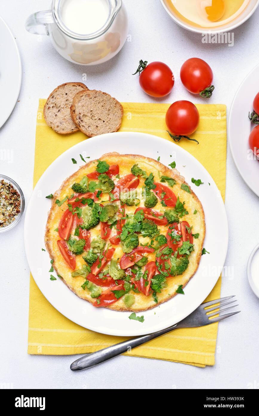 Morning food. Breakfast with omelet, top view Stock Photo - Alamy