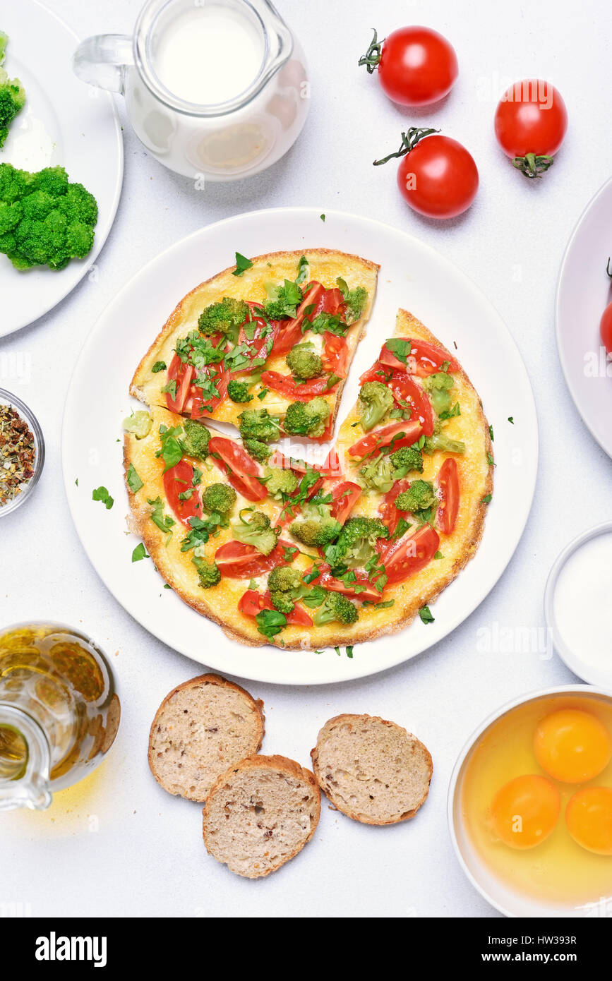 Breakfast with omelet, top view. Morning food Stock Photo - Alamy