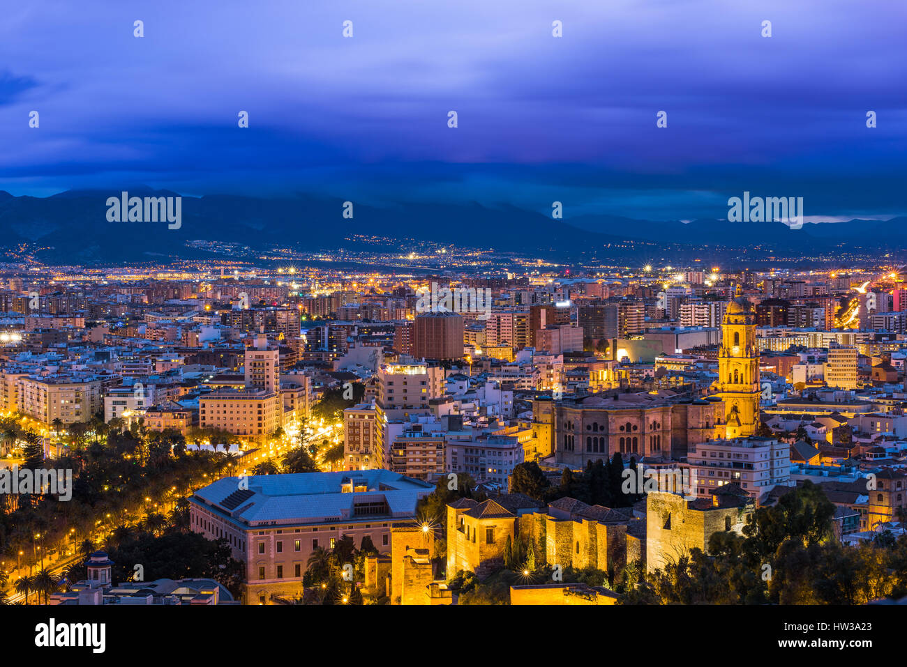 Panoramic cityscape of Malaga at evening, Costa del Sol, Spain Stock ...