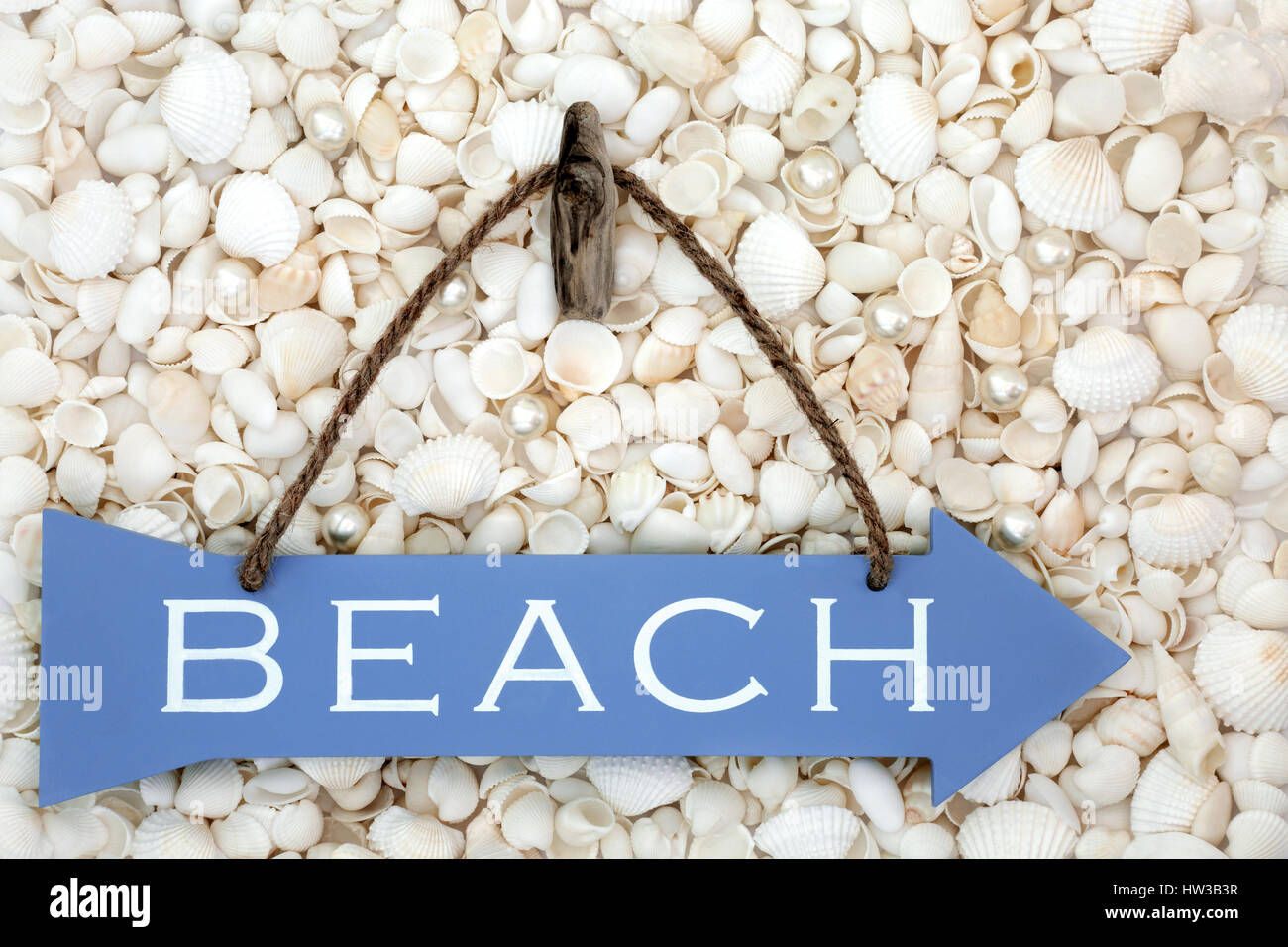 Wooden blue beach sign with pearls and various white seashells Stock ...