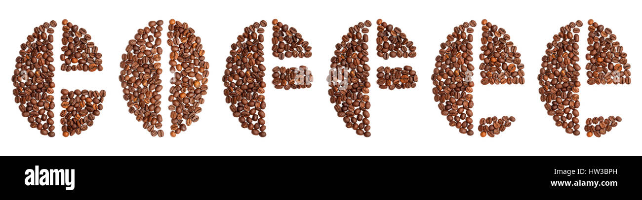 word coffee written in coffee beans typeface on white background Stock ...
