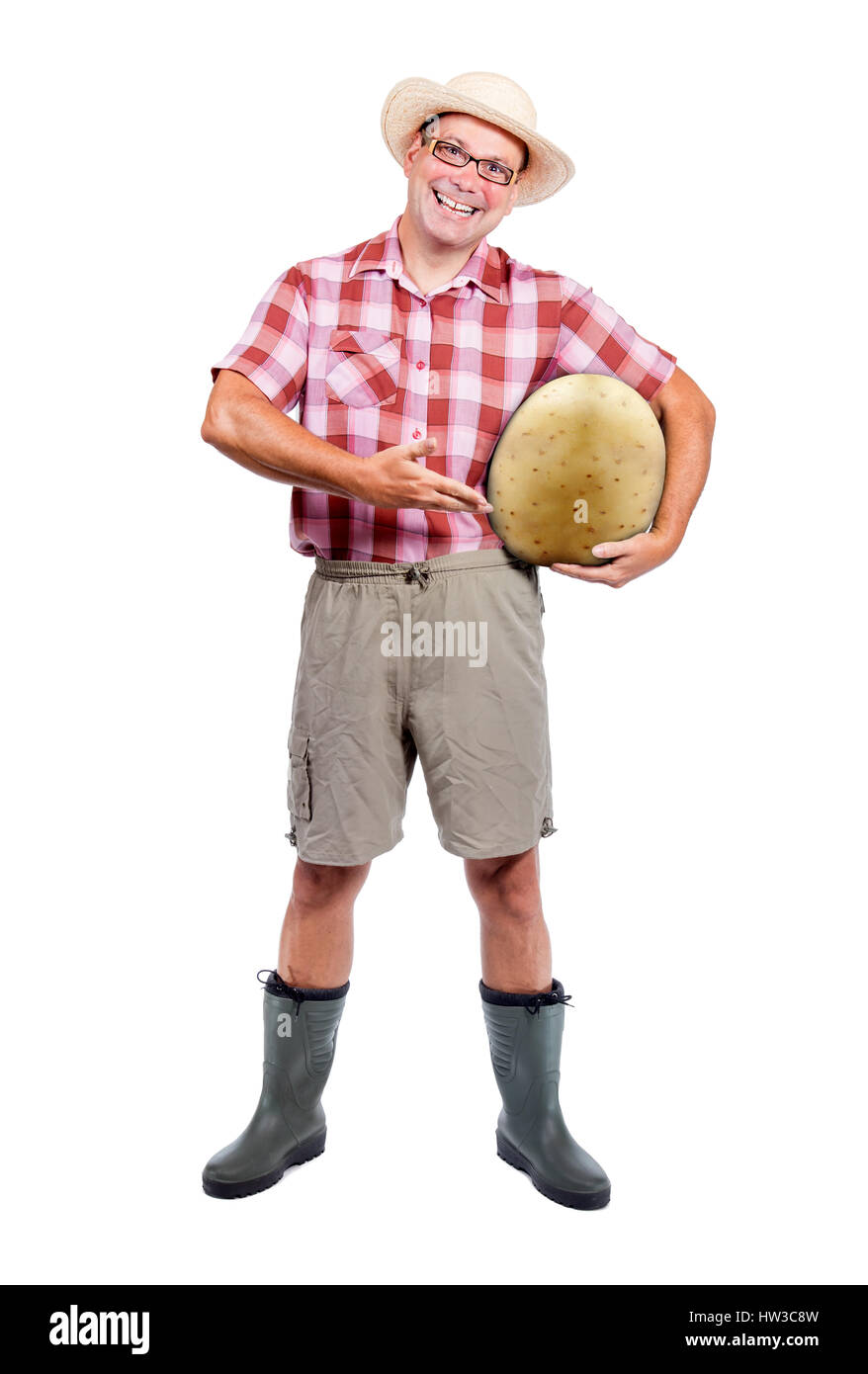 Gardener offers large potato isolated on white background. Cheerful ...