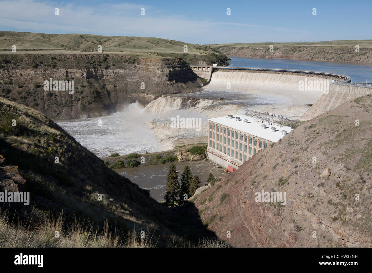 Water flows over Ryan Dam and the Great Falls of the Missouri River in ...