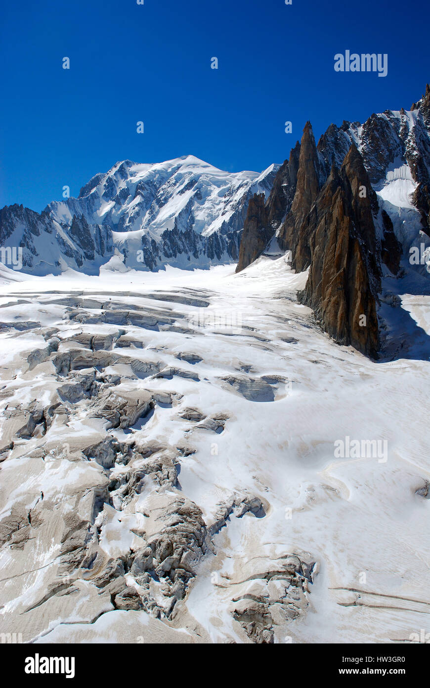 Alps mountains covered in ice and snow with cracks on high altitude ...