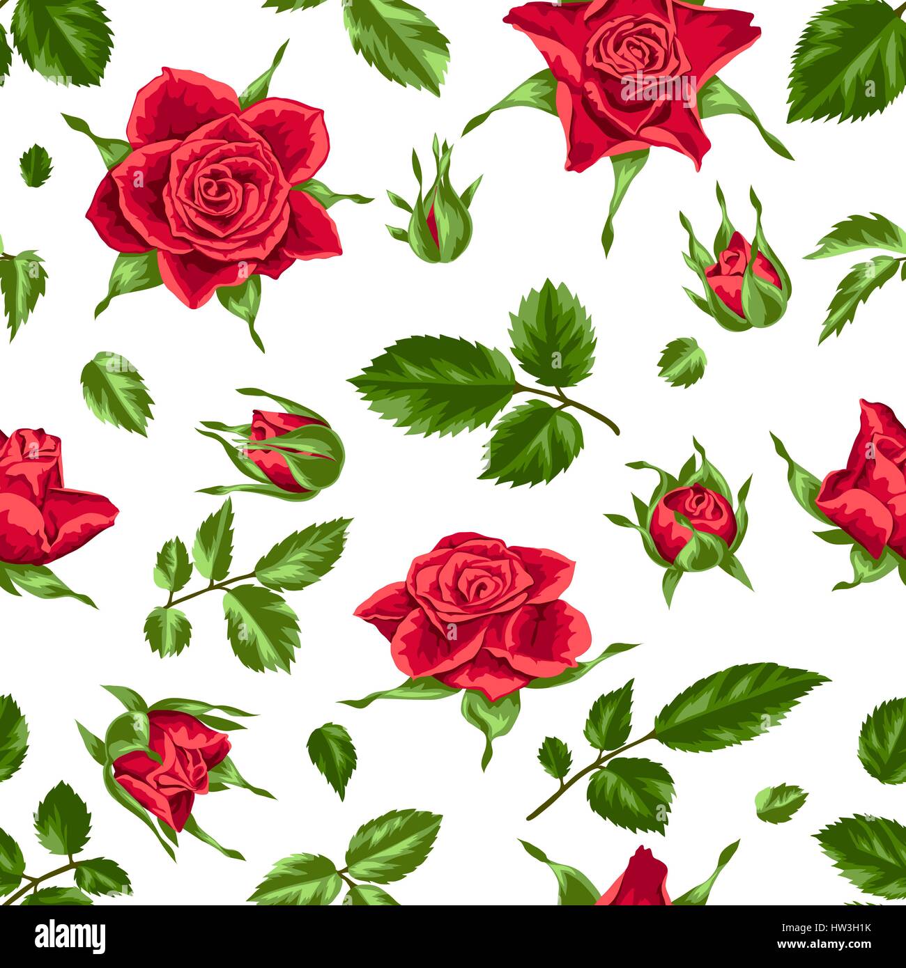 Seamless pattern with red roses. Beautiful realistic flowers, buds and ...