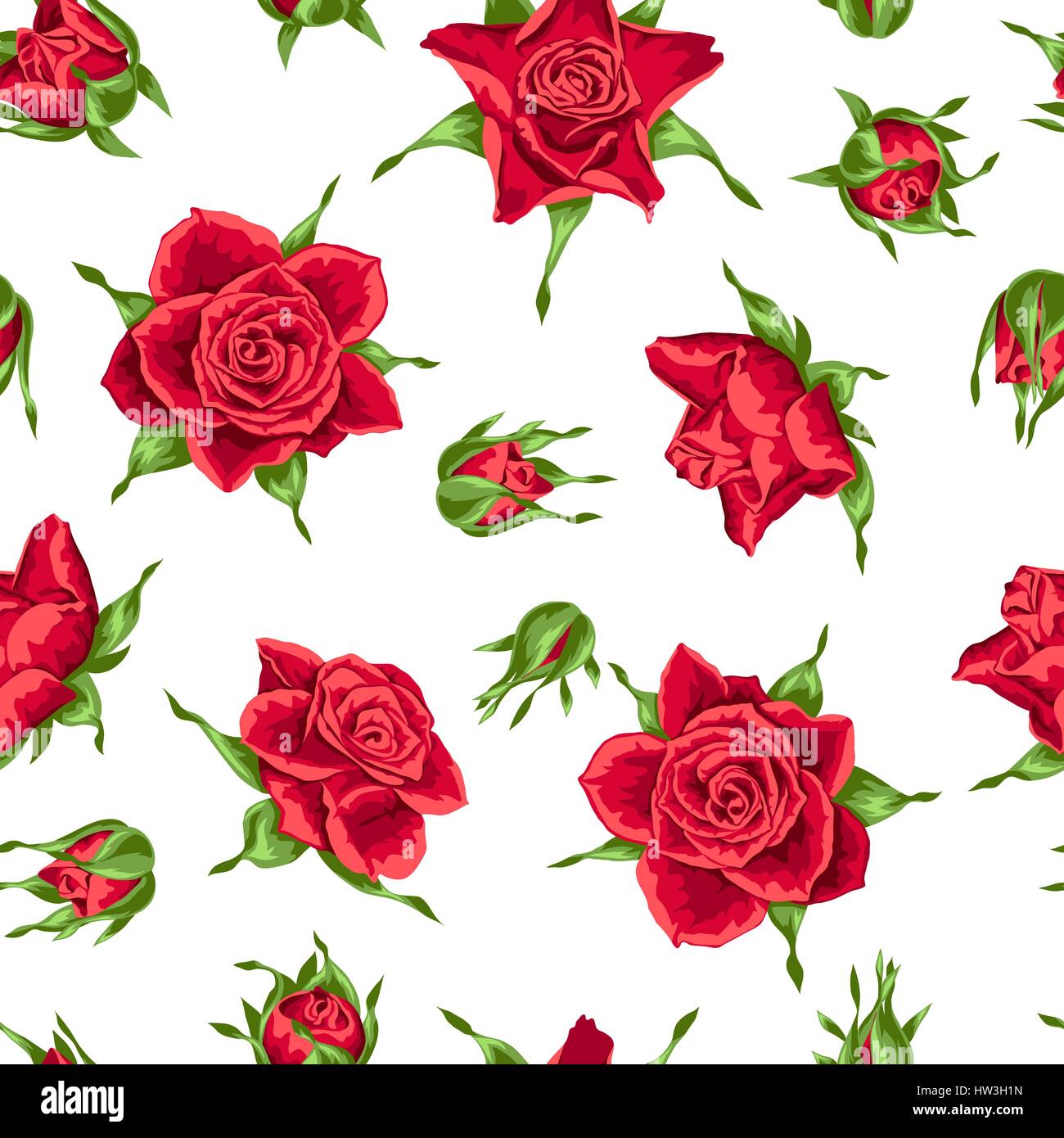 Seamless pattern with red roses. Beautiful realistic flowers, buds and ...