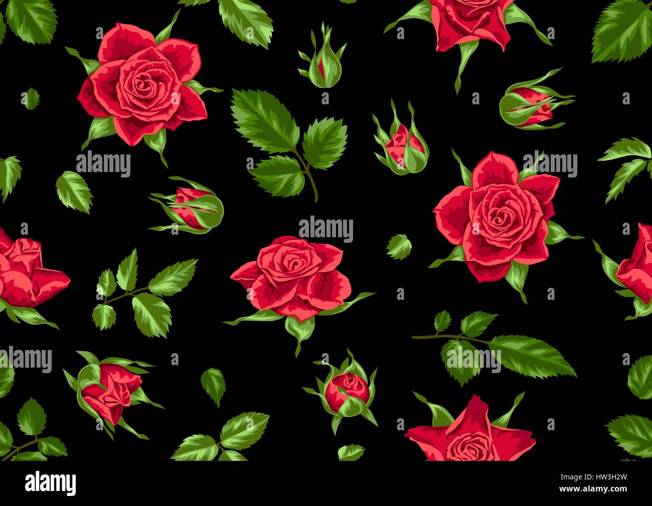 Seamless pattern with red roses. Beautiful realistic flowers, buds and ...