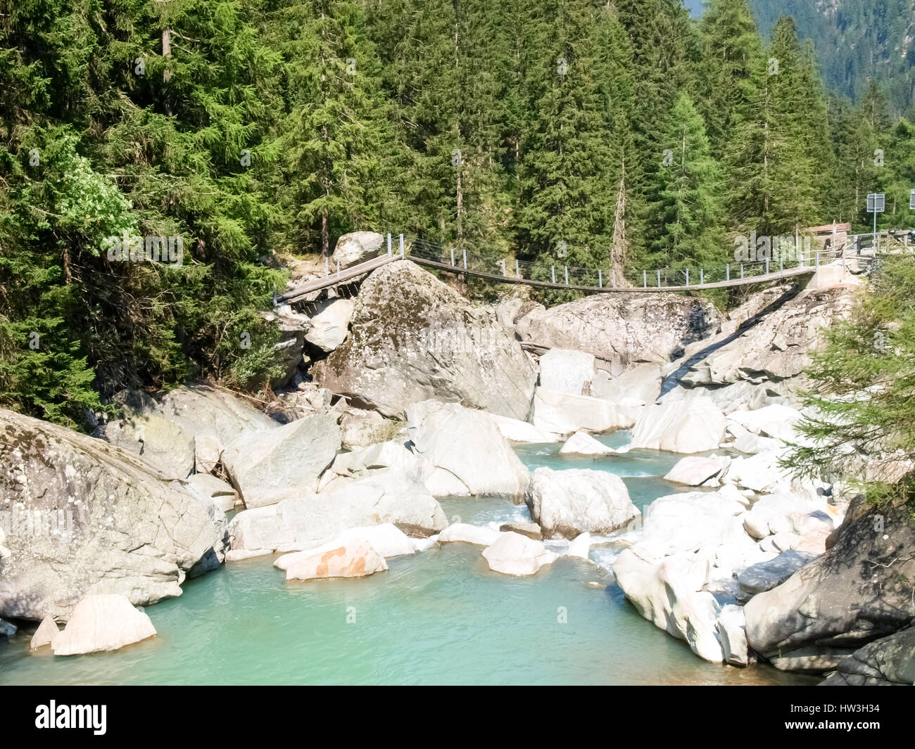 viamala, Switzerland: Tibetan bridge over the Rhine River between the ...