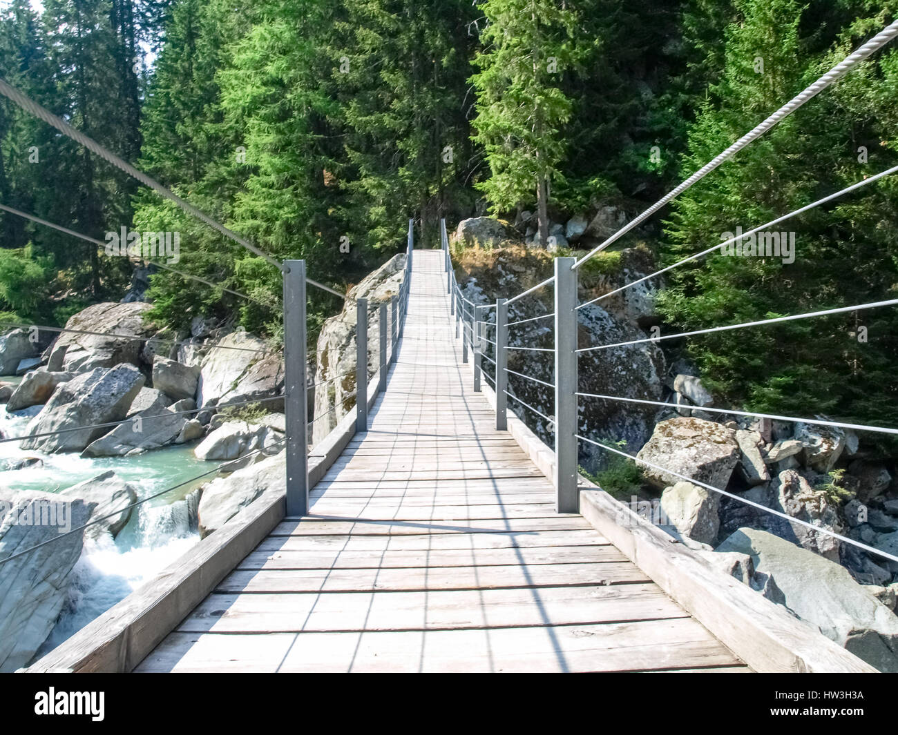 viamala, Switzerland: Tibetan bridge over the Rhine River between the ...