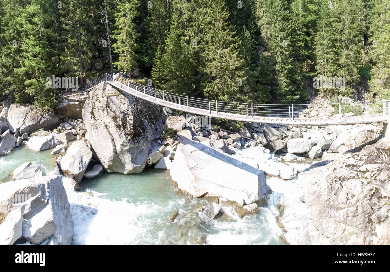 viamala, Switzerland: Tibetan bridge over the Rhine River between the ...
