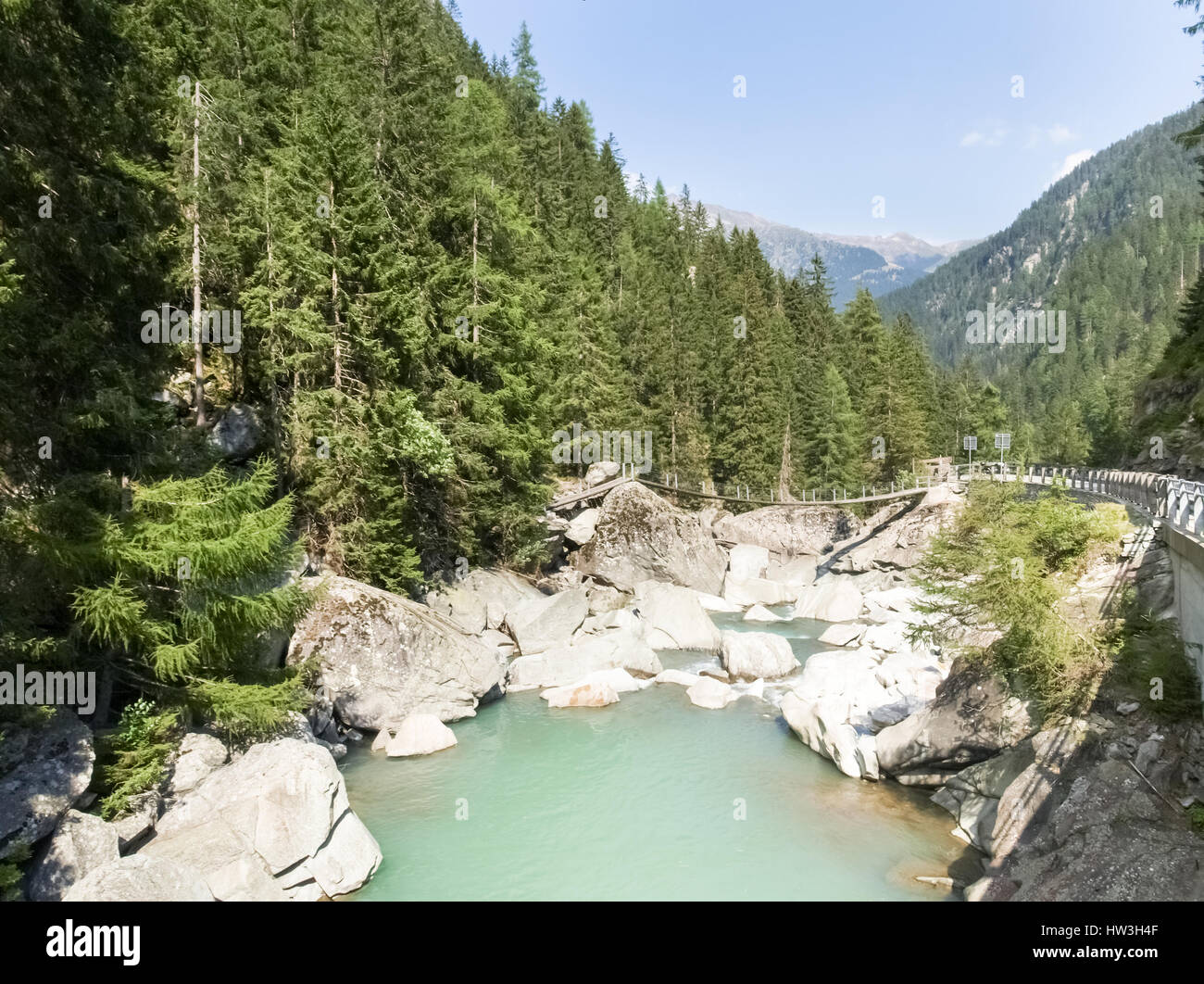 viamala, Switzerland: Tibetan bridge over the Rhine River between the ...