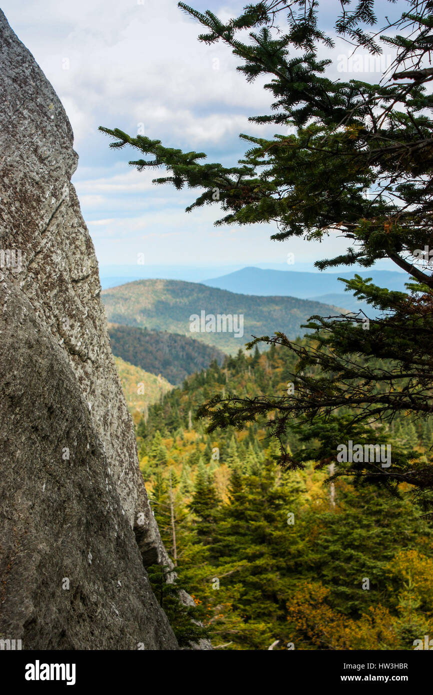 looking between a rock and a tree at some mountains Stock Photo - Alamy