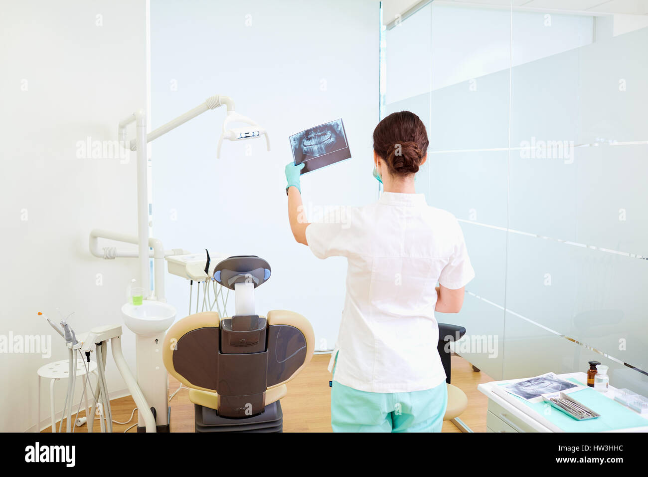 Back view. A dentist woman looks at an x-ray workplace in dent Stock ...