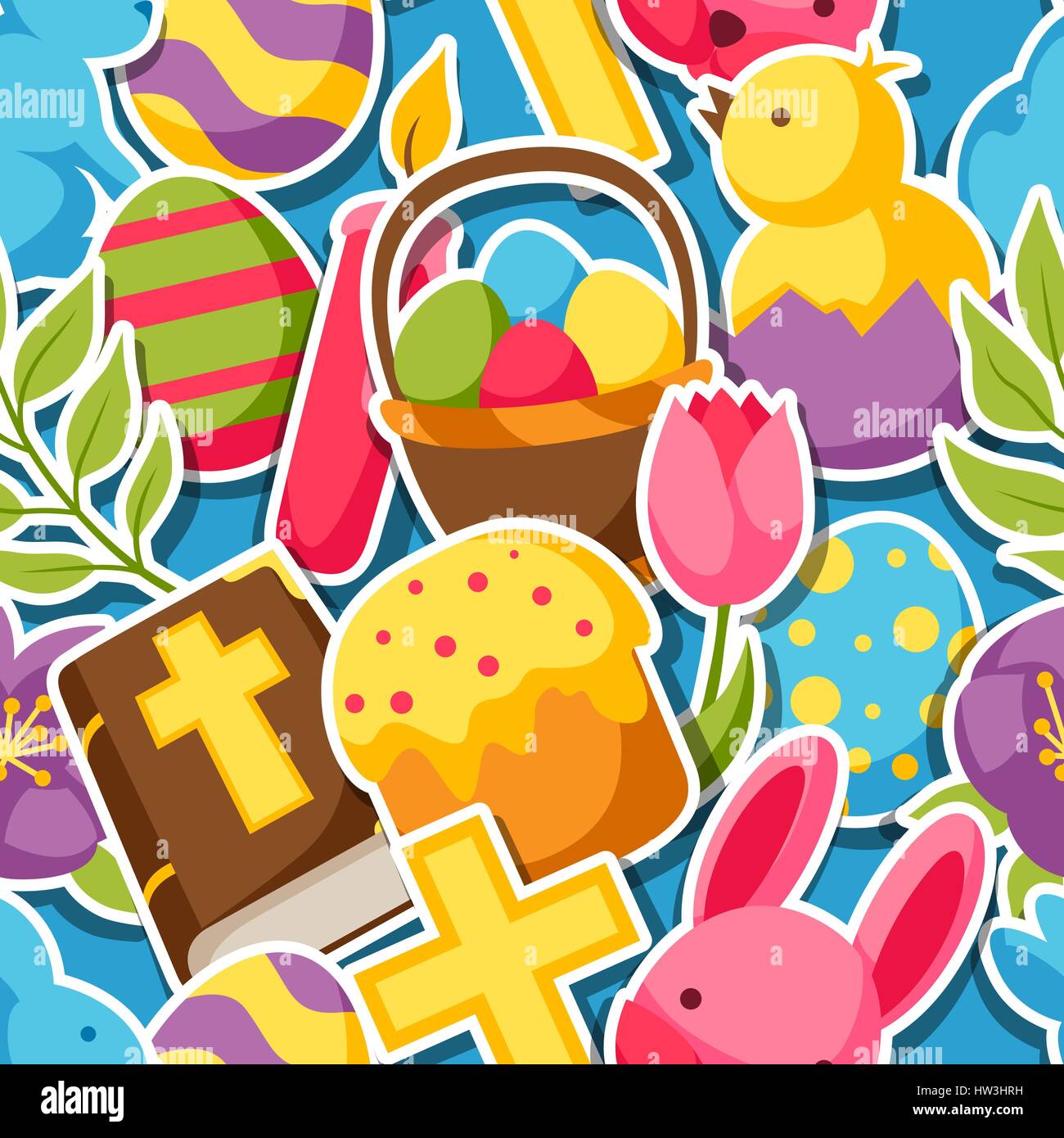 Happy Easter seamless pattern with decorative objects, eggs and bunnies ...