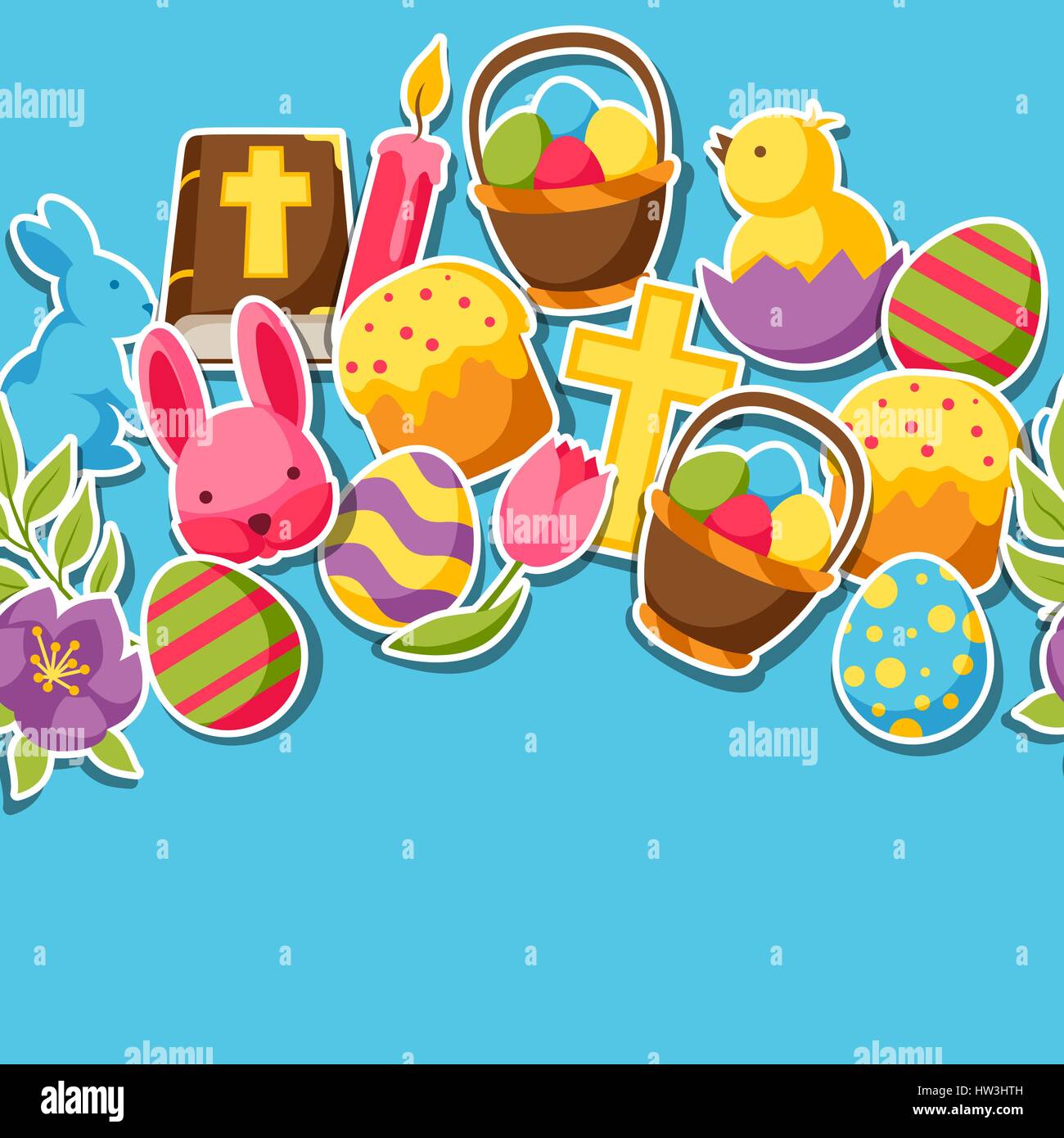Happy Easter seamless pattern with decorative objects, eggs and bunnies ...