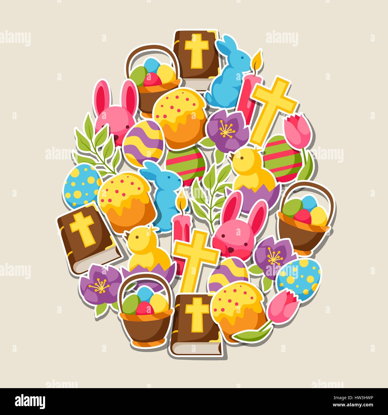 Happy Easter greeting card with decorative objects, eggs and bunnies ...