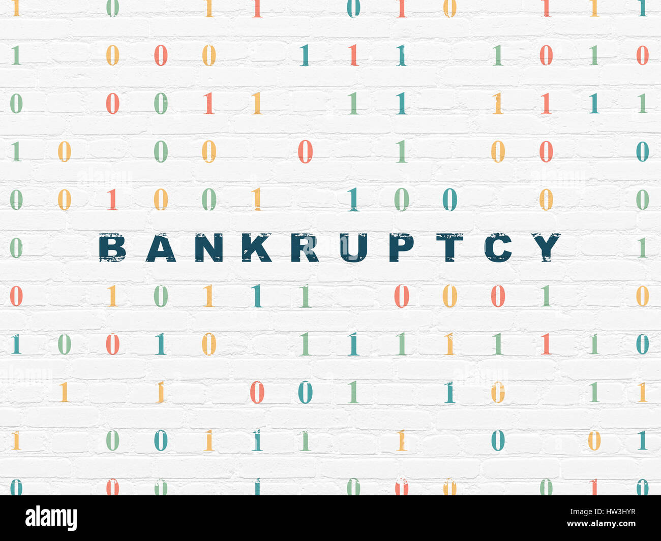 Business concept: Painted blue text Bankruptcy on White Brick wall background with Binary Code ...