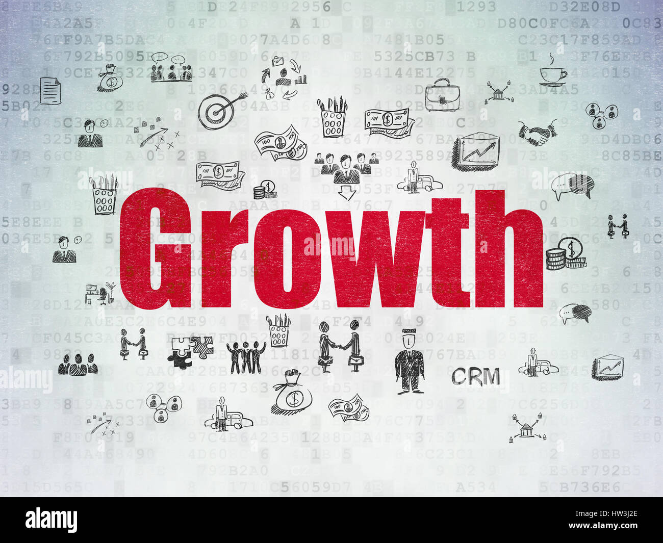 Finance concept: Painted red text Growth on Digital Data Paper background with Hand Drawn ...