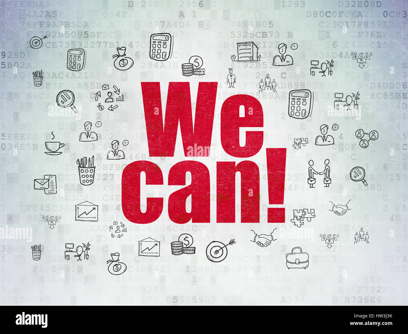 Business concept: Painted red text We Can! on Digital Data Paper background with Hand Drawn ...