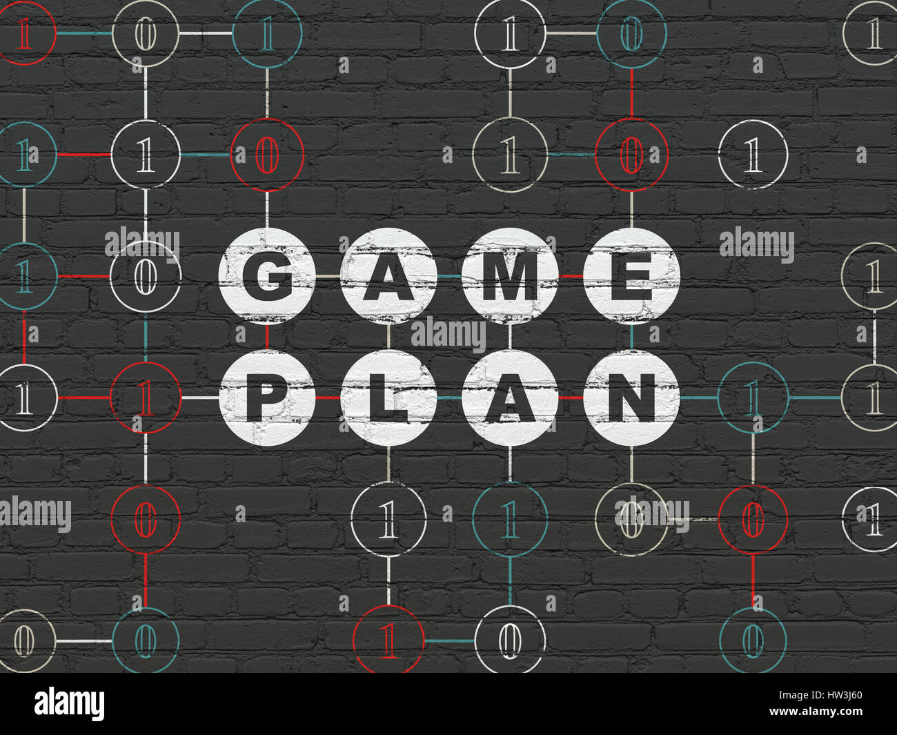 Business concept: Painted white text Game Plan on Black Brick wall background with Binary Code ...