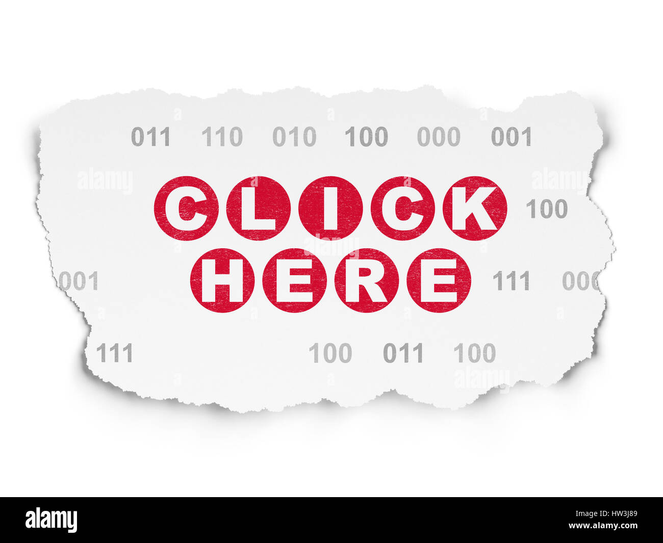 Web design concept: Painted red text Click Here on Torn Paper background with Binary Code Stock ...