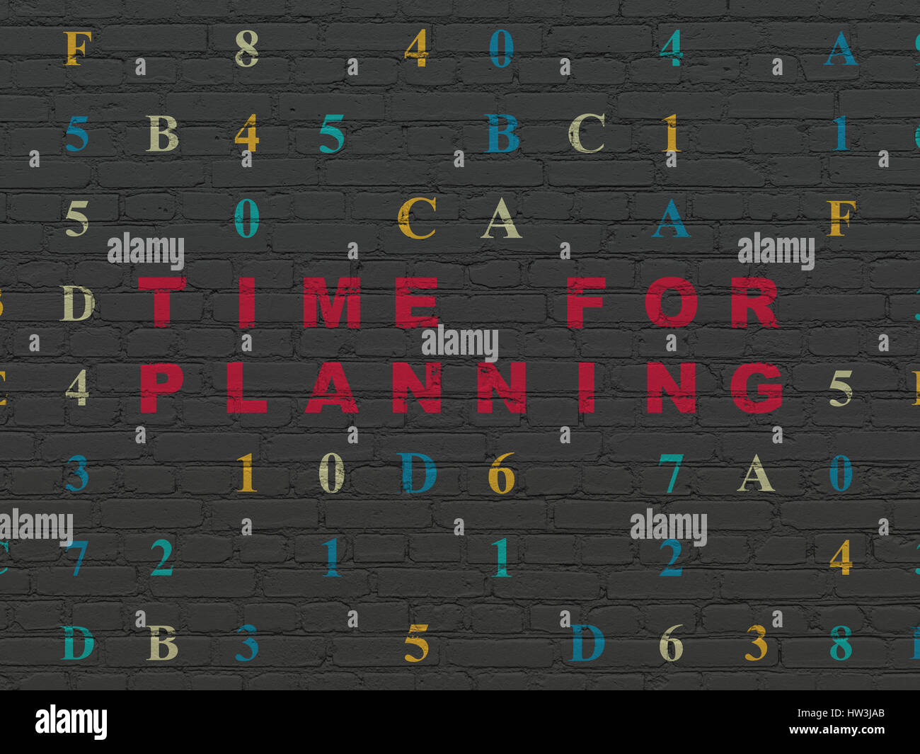 Time concept: Painted red text Time for Planning on Black Brick wall background with Hexadecimal ...