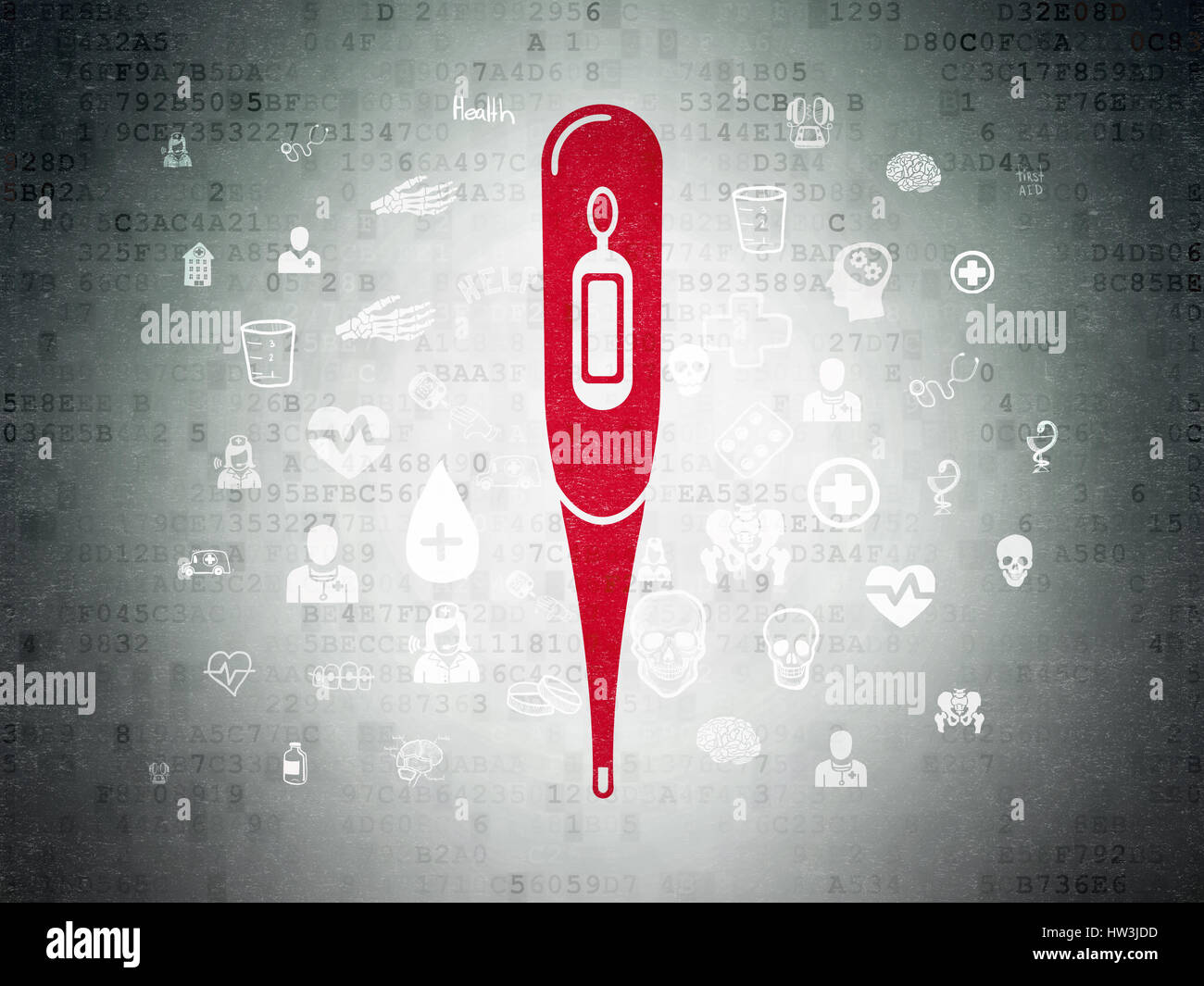 Healthcare concept: Painted red Thermometer icon on Digital Data Paper ...