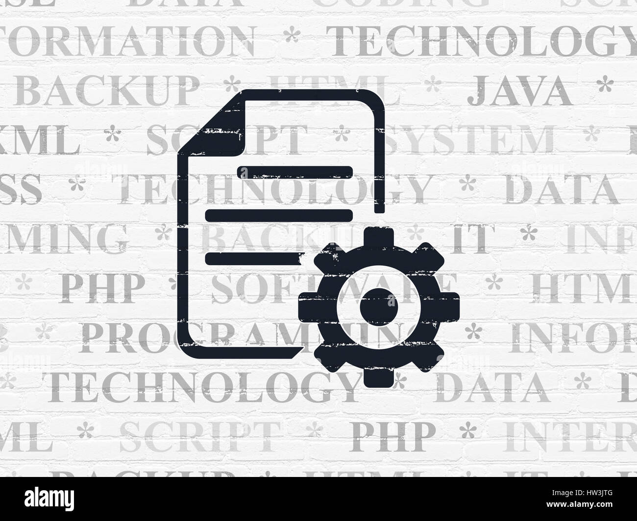 Software concept: Painted black Gear icon on White Brick wall ...