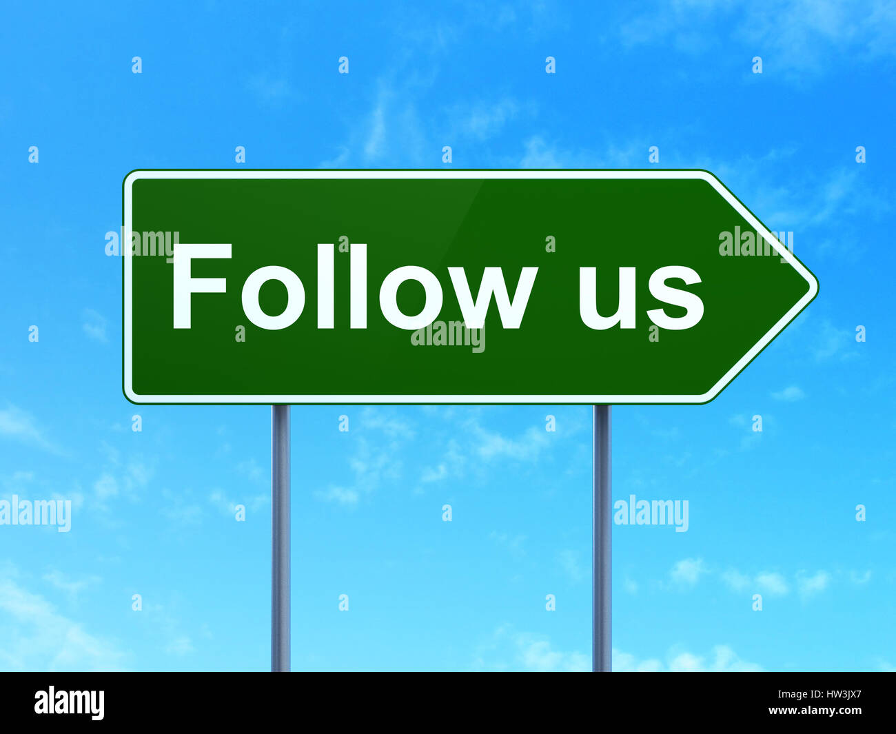 Social network concept: Follow us on green road highway sign, clear ...