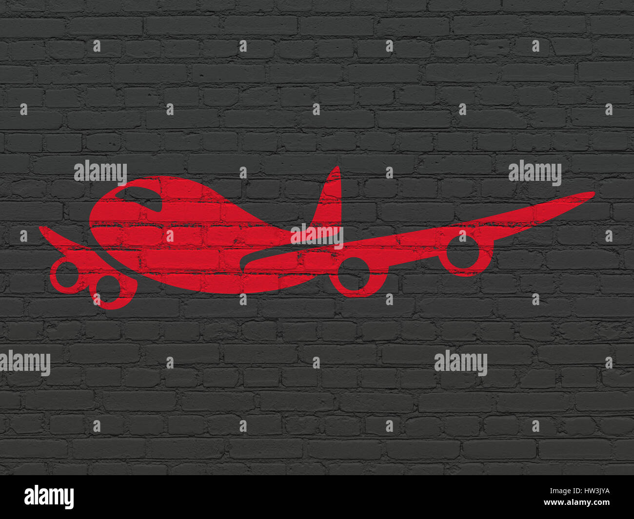 Vacation concept: Painted red Airplane icon on Black Brick wall ...